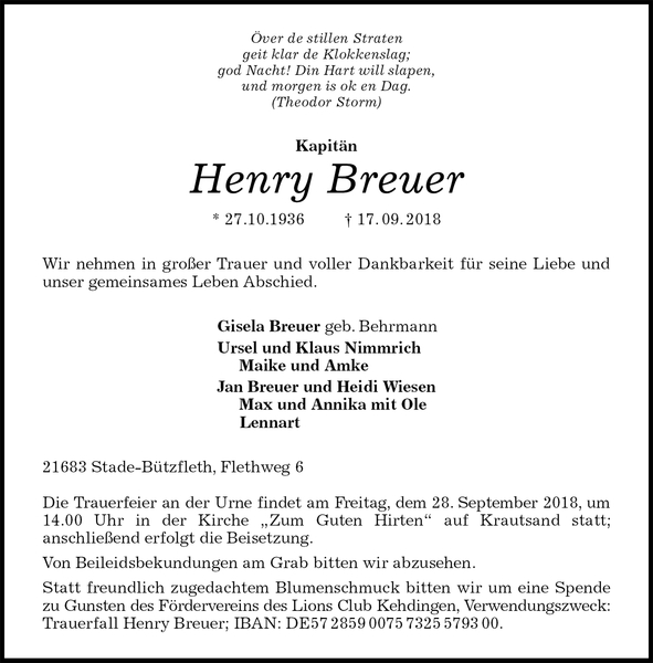 Henry Breuer: Traueranzeige : Stader Tageblatt