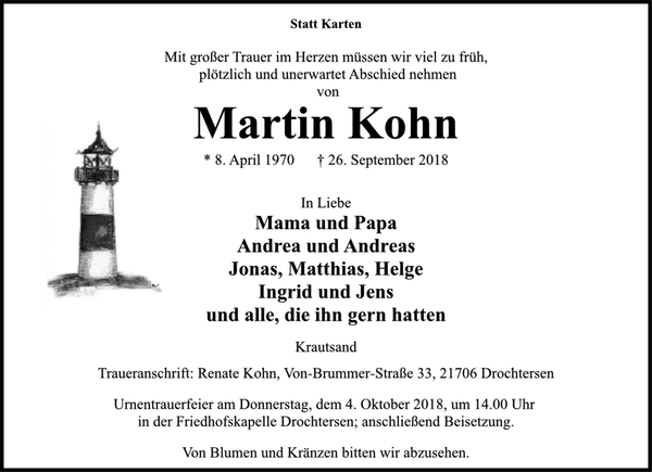 Martin Kohn: Traueranzeige : Stader Tageblatt