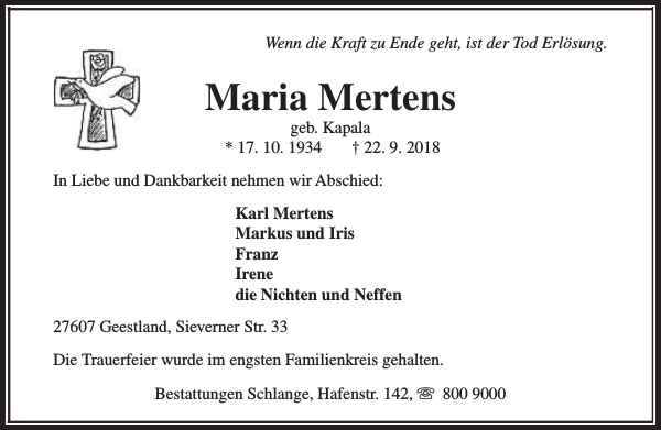 Maria Mertens : Gedenken : Nordsee-Zeitung
