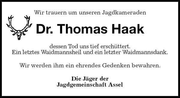 Dr. Thomas Haak : Nachruf : Stader Tageblatt