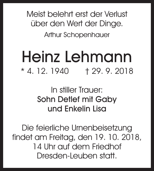 Heinz Lehmann : Traueranzeige : Sächsische Zeitung
