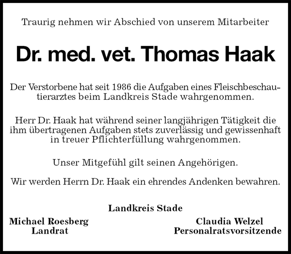 Dr. med. vet. Thomas Haak: Traueranzeige : Stader Tageblatt