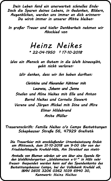 Heinz Neikes: Traueranzeige : Westdeutsche Zeitung