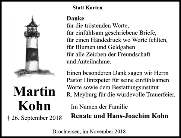 Martin Kohn: Danksagung : Stader Tageblatt