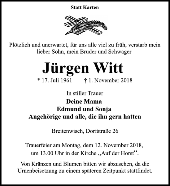 Jürgen Witt: Traueranzeige : Stader Tageblatt