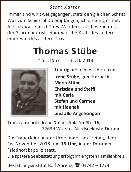 Thomas Stübe: Gedenken : Nordsee-Zeitung