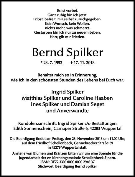 Bernd Spilker: Traueranzeige : Westdeutsche Zeitung