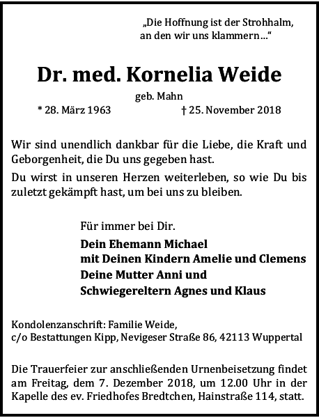 Dr. med. Kornelia Weide: Traueranzeige : Westdeutsche Zeitung