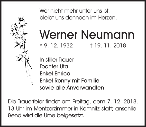 Werner Neumann : Traueranzeige : Sächsische Zeitung
