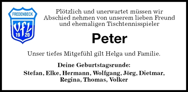 Peter: Nachruf : Stader Tageblatt