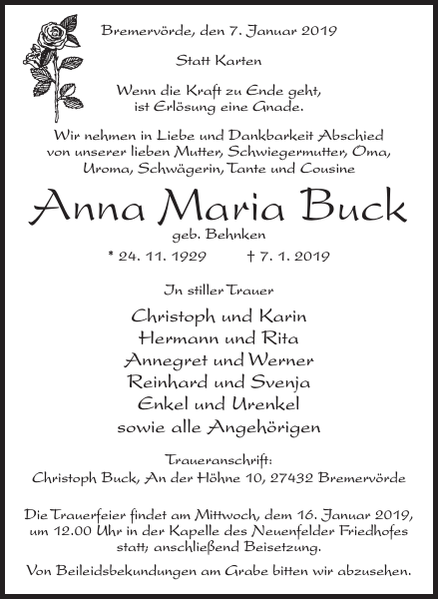 Anna Maria Buck: Traueranzeige : Bremervörder Zeitung