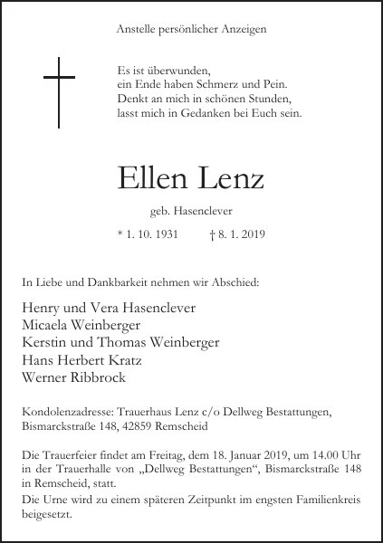 Ellen Lenz: Traueranzeige : Remscheider General-Anzeiger
