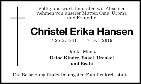 Christel Erika Hansen: Traueranzeige : Stader Tageblatt