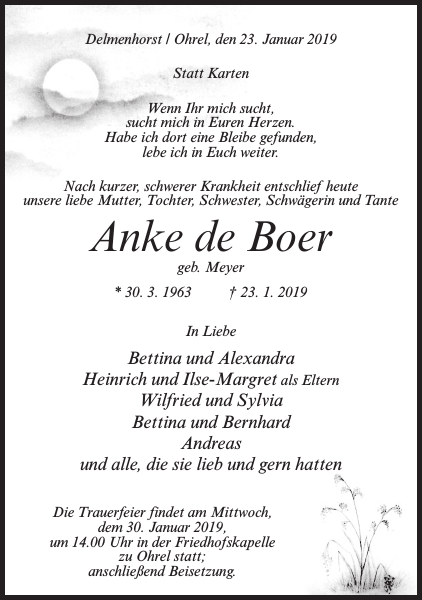 Anke de Boer: Traueranzeige : Bremervörder Zeitung