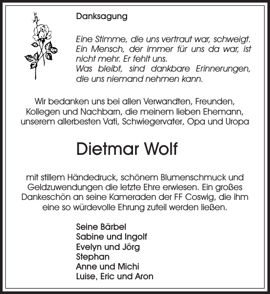 Dietmar Wolf : Danksagung : Sächsische Zeitung