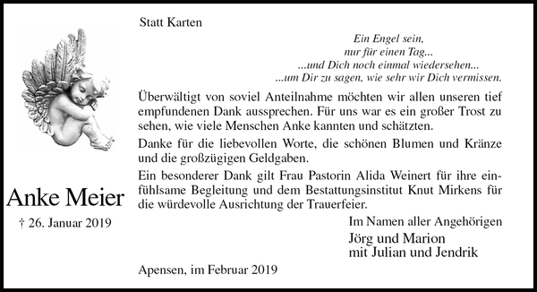 Anke Meier : Danksagung : Stader Tageblatt