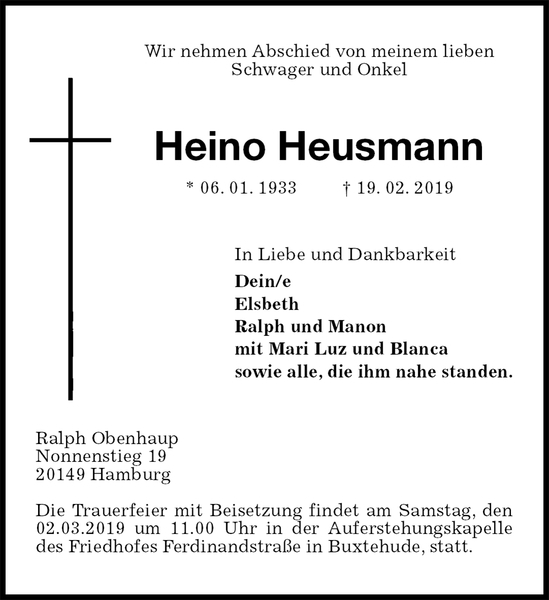 Heino Heusmann : Traueranzeige : Stader Tageblatt