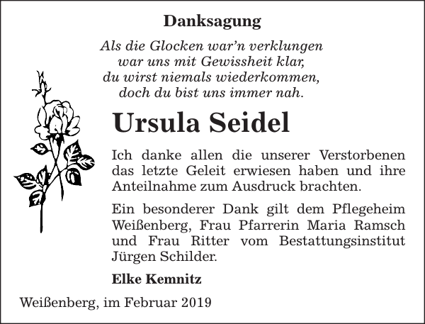 Ursula Seidel : Danksagung : Sächsische Zeitung