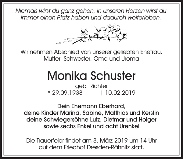 Monika Schuster : Traueranzeige : Sächsische Zeitung