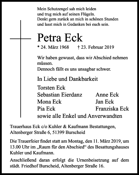 Petra Eck: Traueranzeige : Westdeutsche Zeitung