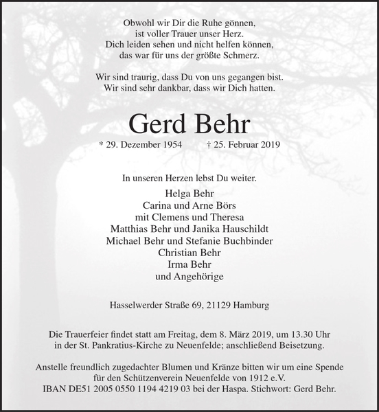 Gerd Behr: Traueranzeige : Stader Tageblatt