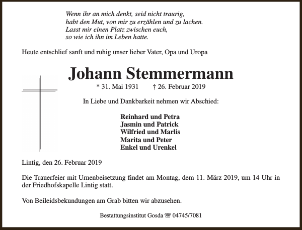 Johann Stemmermann: Gedenken : Nordsee-Zeitung