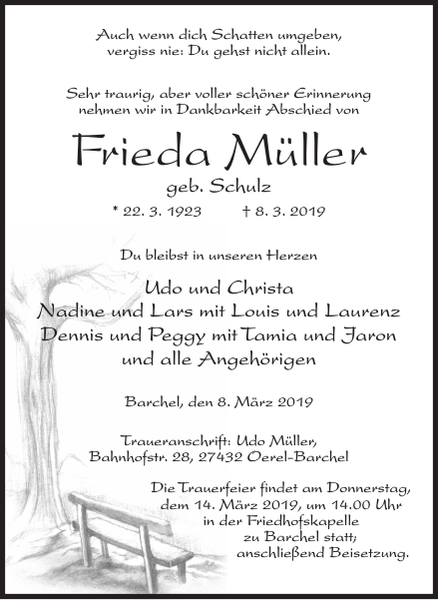 Frieda Müller: Traueranzeige : Bremervörder Zeitung