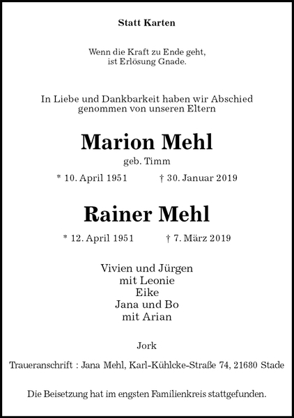Marion und Rainer Mehl: Traueranzeige : Stader Tageblatt