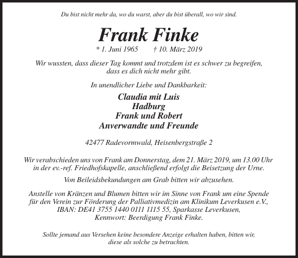 Frank Finke : Traueranzeige : Remscheider General-Anzeiger