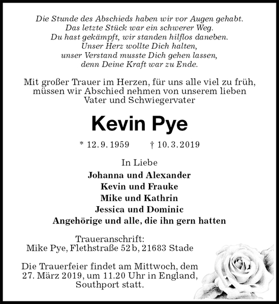 Kevin Pye: Traueranzeige : Stader Tageblatt