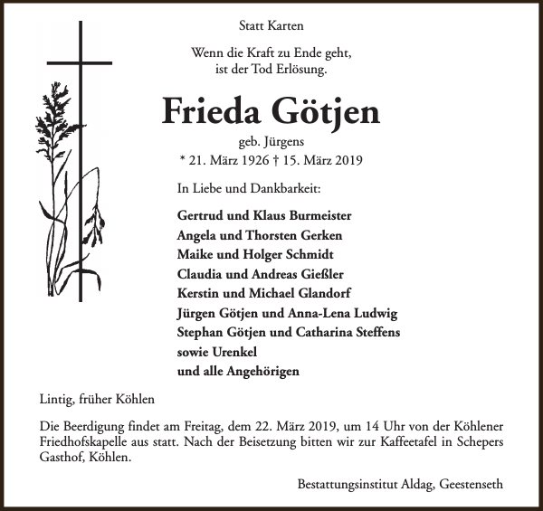 Frieda Götjen: Gedenken : Nordsee-Zeitung