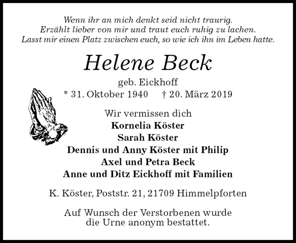 Helene Beck: Traueranzeige : Stader Tageblatt
