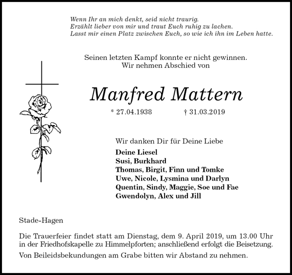 Manfred Mattern: Traueranzeige : Stader Tageblatt