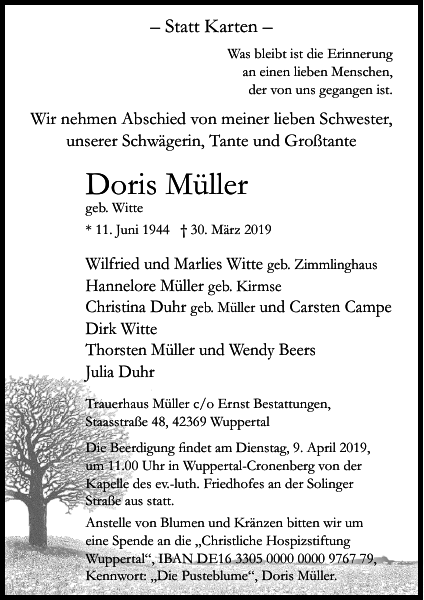 Doris Müller: Traueranzeige : Westdeutsche Zeitung