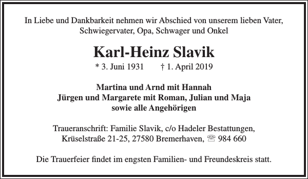 Karl-Heinz Slavik : Gedenken : Nordsee-Zeitung