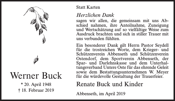Werner Buck: Danksagung : Bremervörder Zeitung
