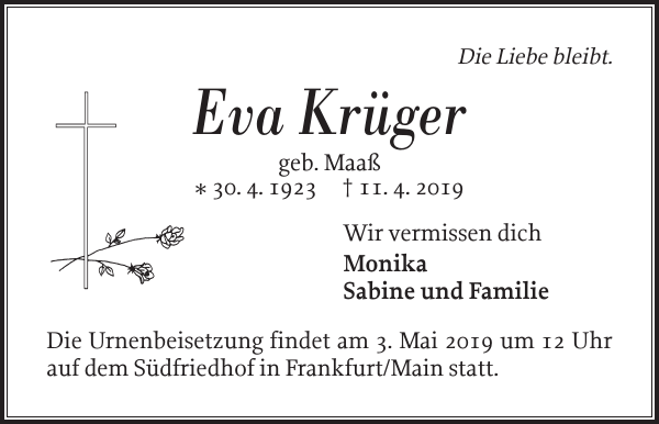 Eva Krüger: Traueranzeige : Landeszeitung