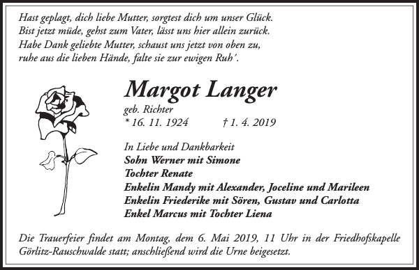 Margot Langer : Traueranzeige : Sächsische Zeitung