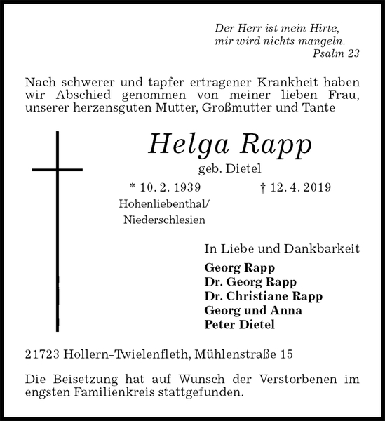 Helga Rapp: Traueranzeige : Stader Tageblatt