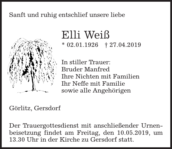 Elli Weiß : Traueranzeige : Sächsische Zeitung