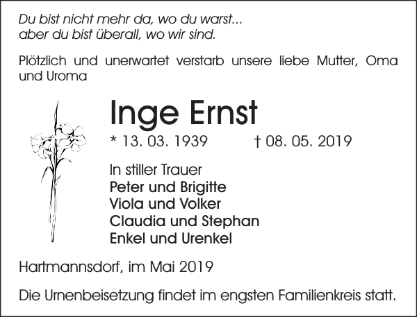 Inge Ernst : Traueranzeige : Sächsische Zeitung