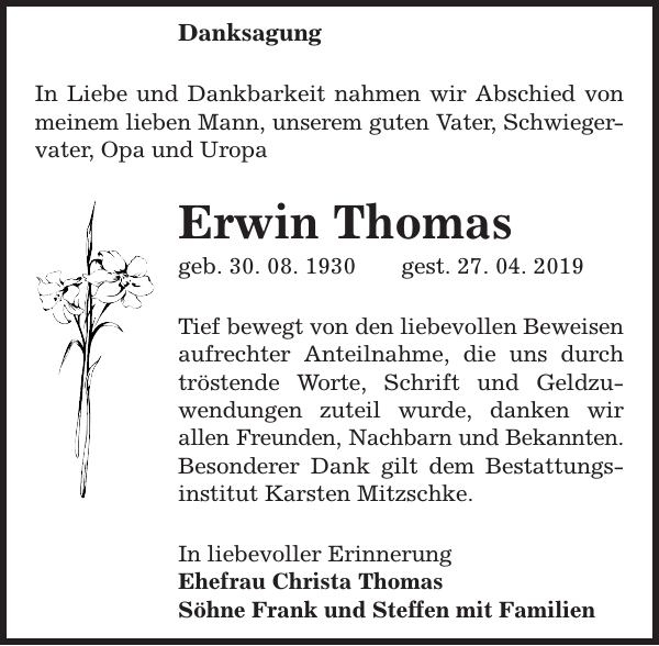 Erwin Thomas : Danksagung : Sächsische Zeitung