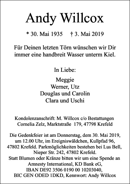Andy Willcox: Traueranzeige : Westdeutsche Zeitung