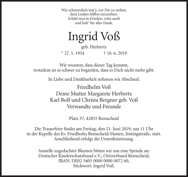 Ingrid Voß: Traueranzeige : Remscheider General-Anzeiger