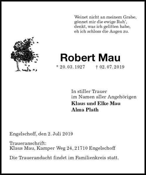 Robert Mau: Traueranzeige : Stader Tageblatt