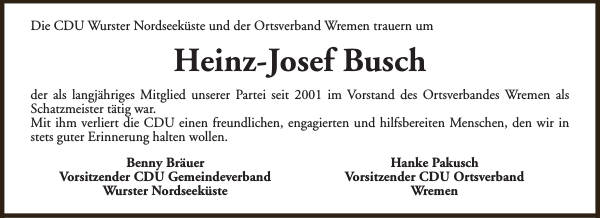 Heinz-Josef Busch : Nachruf : Nordsee-Zeitung