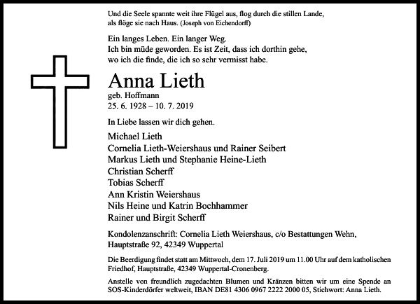 Anna Lieth: Traueranzeige : Westdeutsche Zeitung