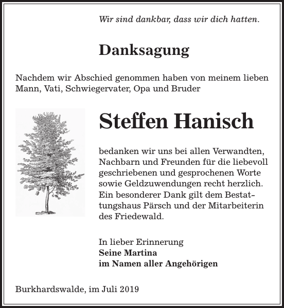 Steffen Hanisch : Danksagung : Sächsische Zeitung