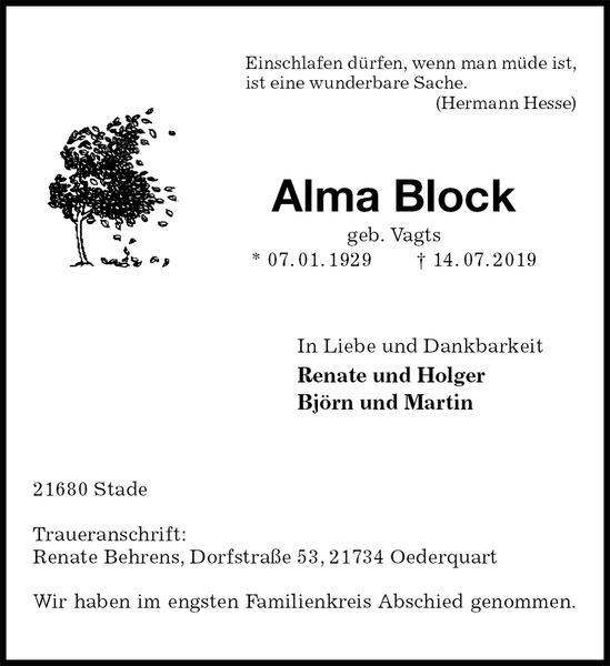 Alma Block: Traueranzeige : Stader Tageblatt