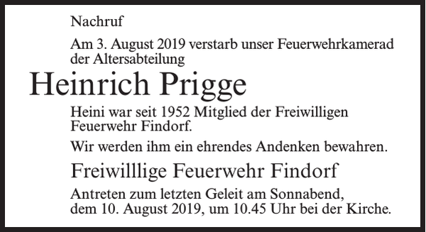Heinrich Prigge: Nachruf : Bremervörder Zeitung